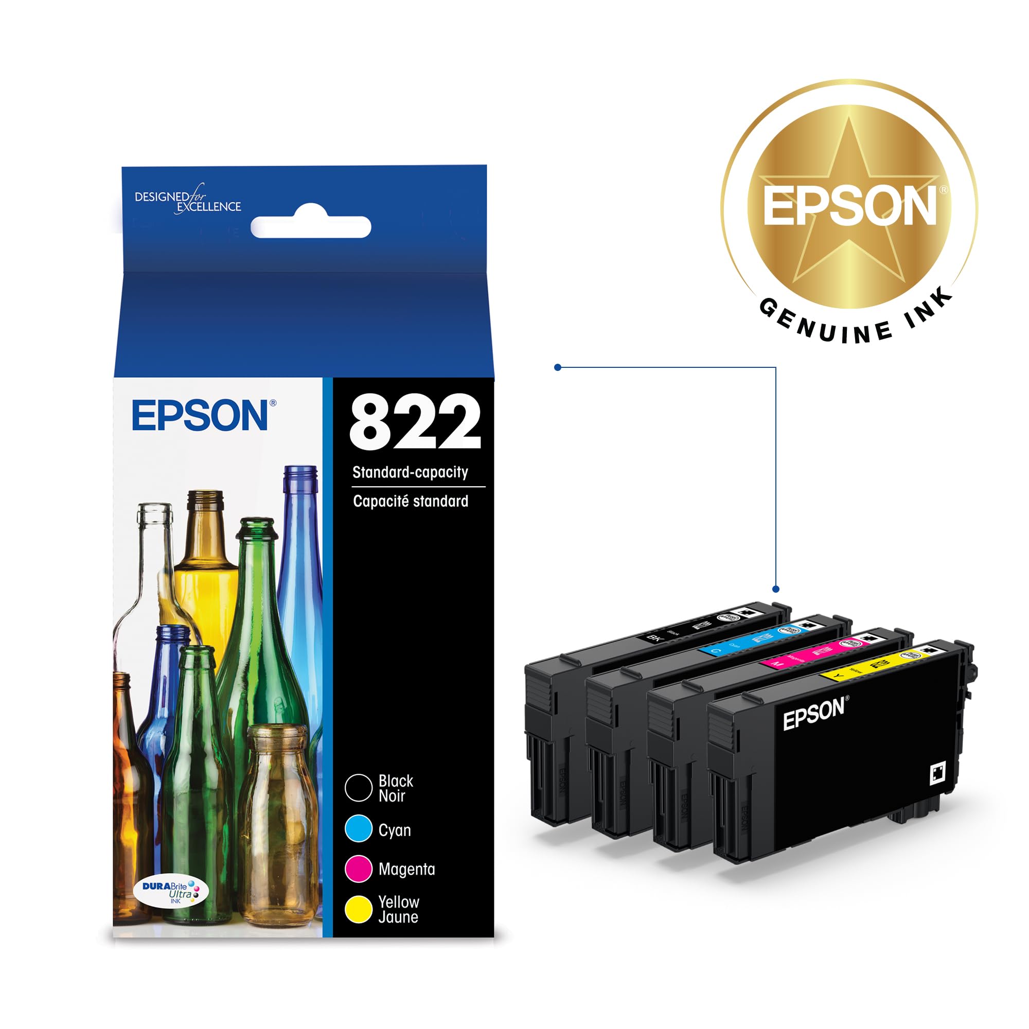 EPSON T822 DURABrite Ultra -Ink Standard Capacity Black & Color -Cartridge Combo Pack (T822120-BCS) for Select Epson Workforce Pro Printers