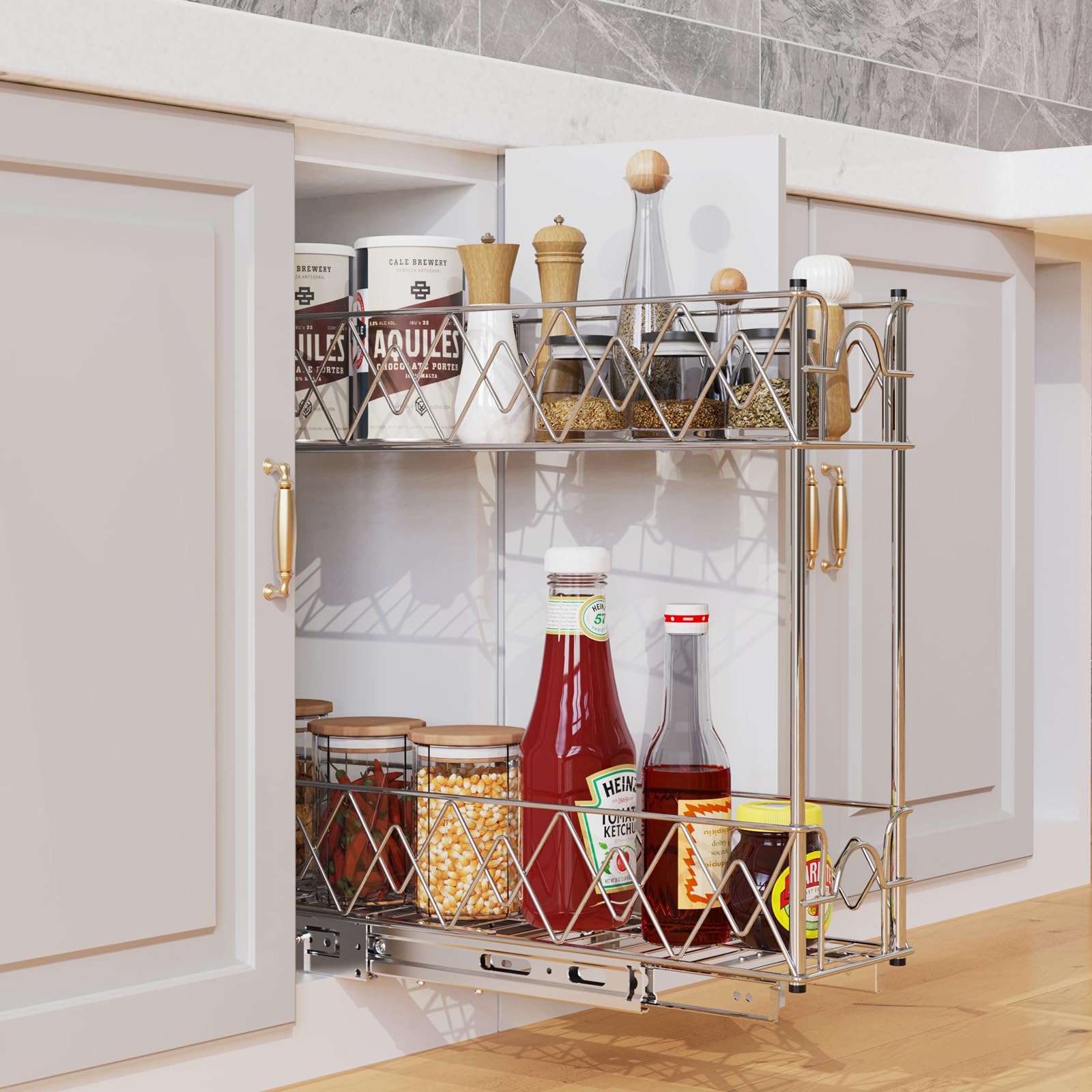 Glolaurge Pull Out Cabinet Organizer 5" W x 21" D, 2-Tier Narrow Kitchen Cabinet Drawer Slide Out Shelves, Chrome