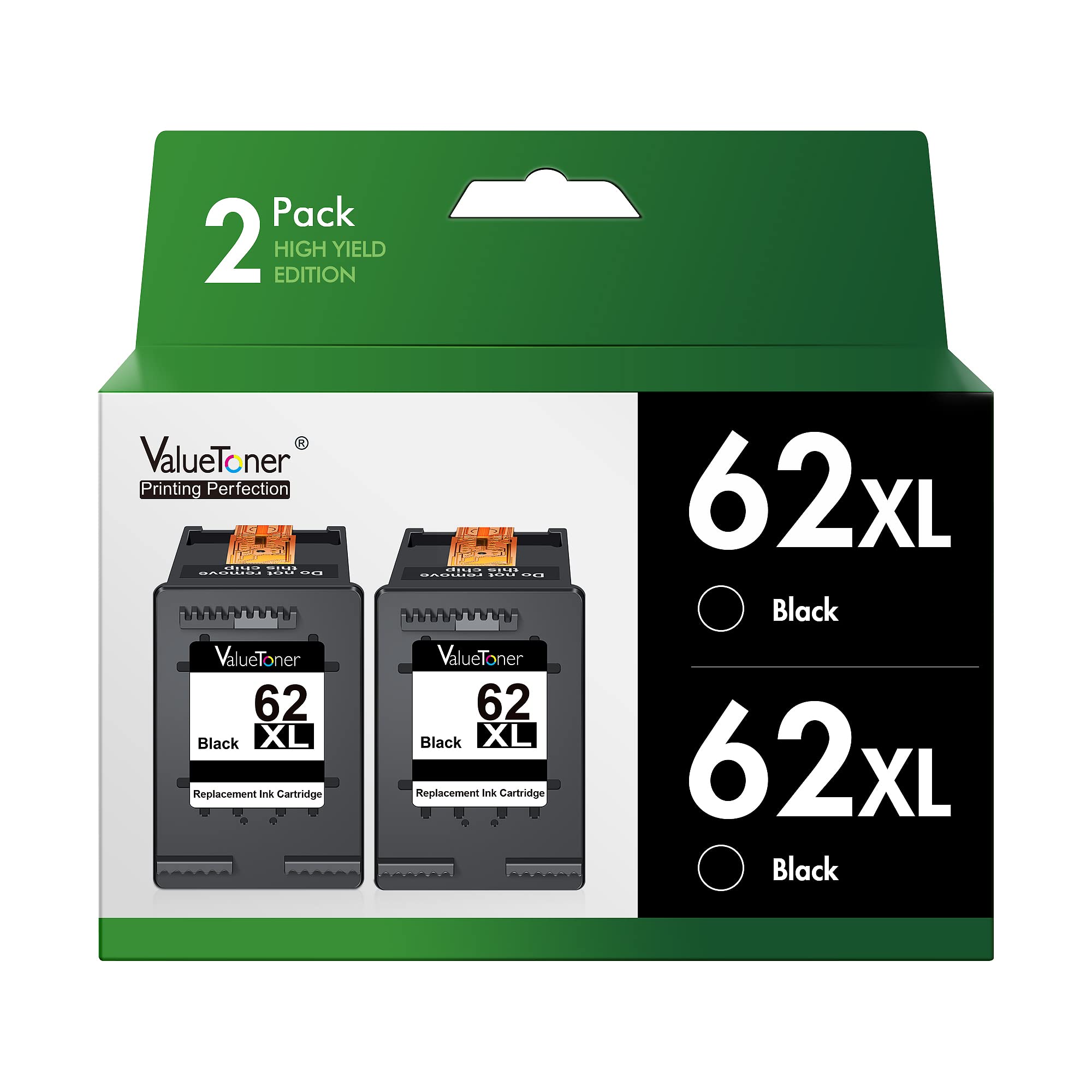 Valuetoner Remanufactured Ink Cartridge Replacement for HP 62XL 62 XL to use with Envy 5540 5640 5660 7644 7645 OfficeJet 5740 8040 OfficeJet 200 250 Series Printer (2 Black)