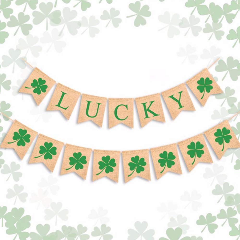 NY 2 Pack Shamrock Burlap Banner,Burlap Banner for Mantel Fireplace Spring Holiday Accessory Wall Decorations Home Indoor Outdoor Party Green Decor