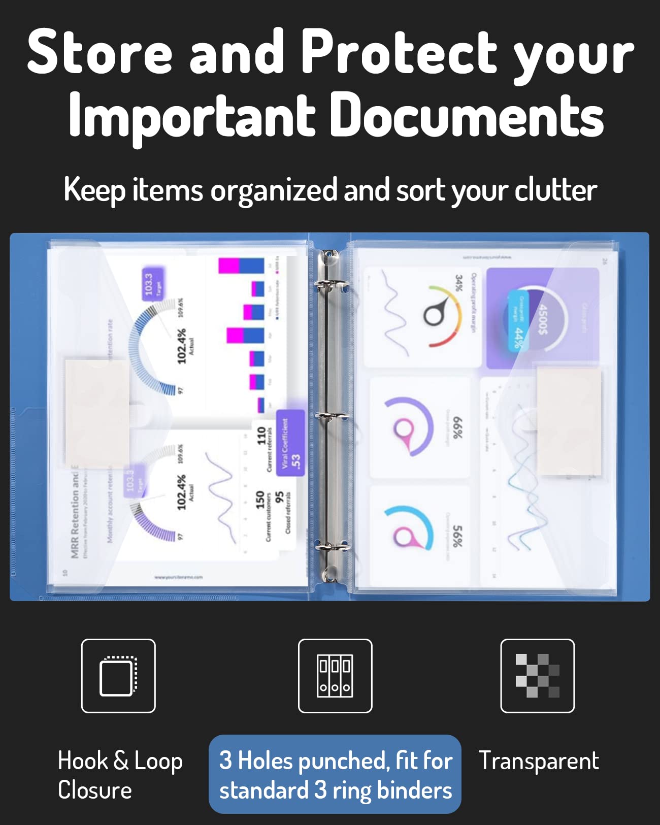Forvencer Binder Pocket, 10 Pack Super Heavyweight Poly Binder Pocket with Hook and Loop Closure, Binder Folders Side Loading, 3 Ring Binder Pocket, Letter Size, Clear