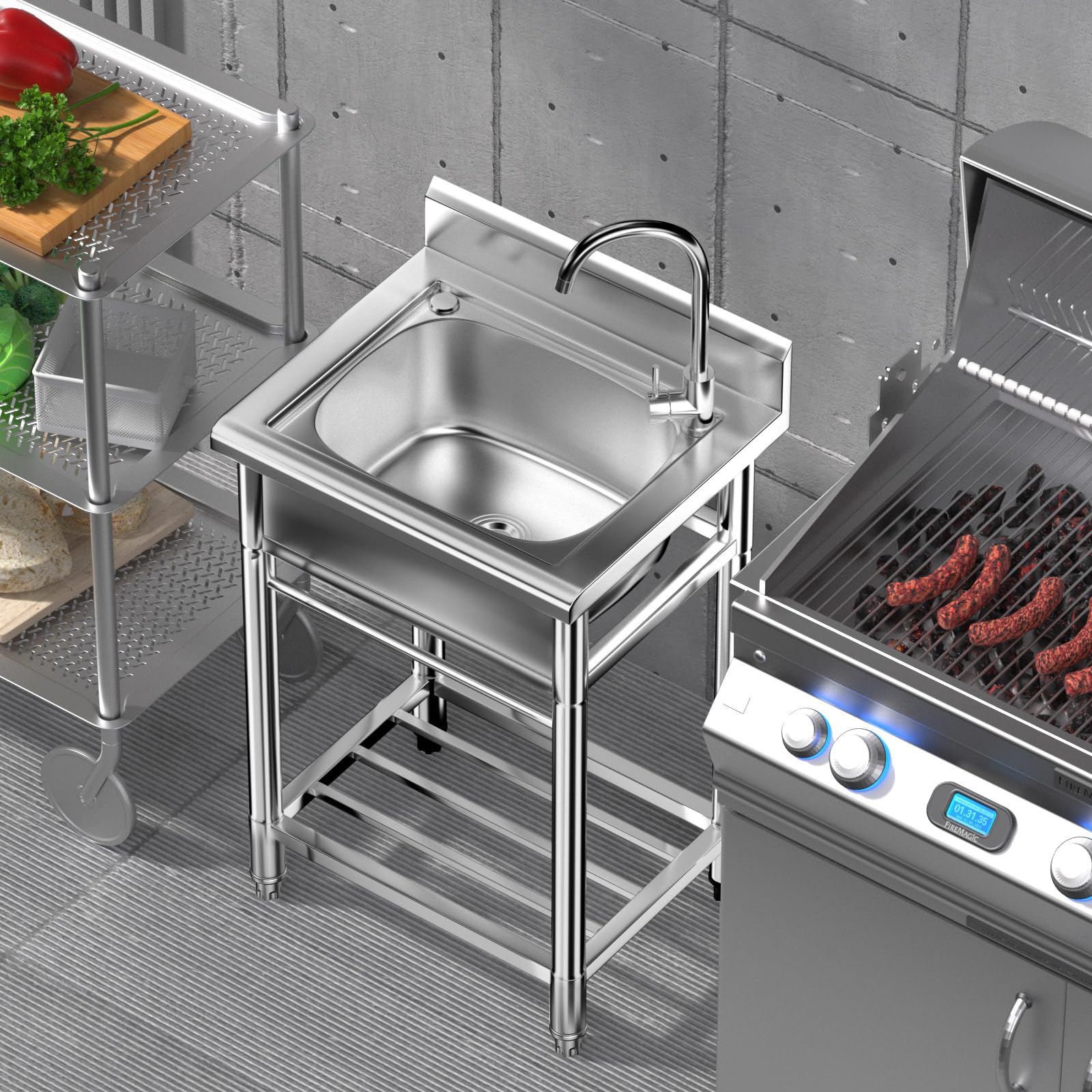 Utility Sink, Stainless Steel Sink, Single Bowl Freestanding Sink Kitchen Sinks with Hot & Cold Hoses Outdoor Sink for Laundry Garden Garage Commercial Restaurant