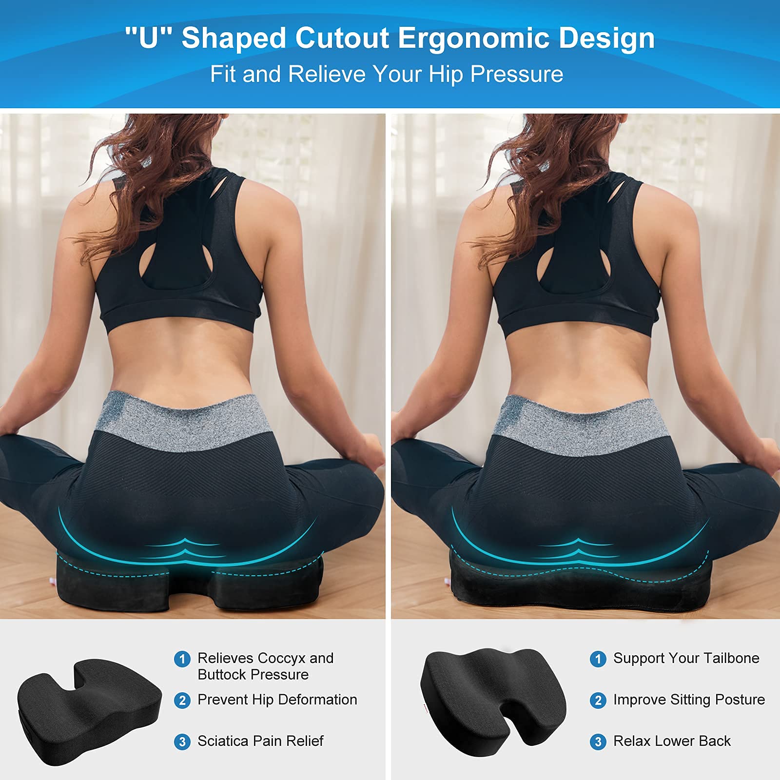 Bomdaia Seat Cushion for Office Chair, Desk Chair Car Seat Cushion for Tailbone Pain, Memory Foam Coccyx Seat Cushion for Sciatica, Back Pain Relief (Black)