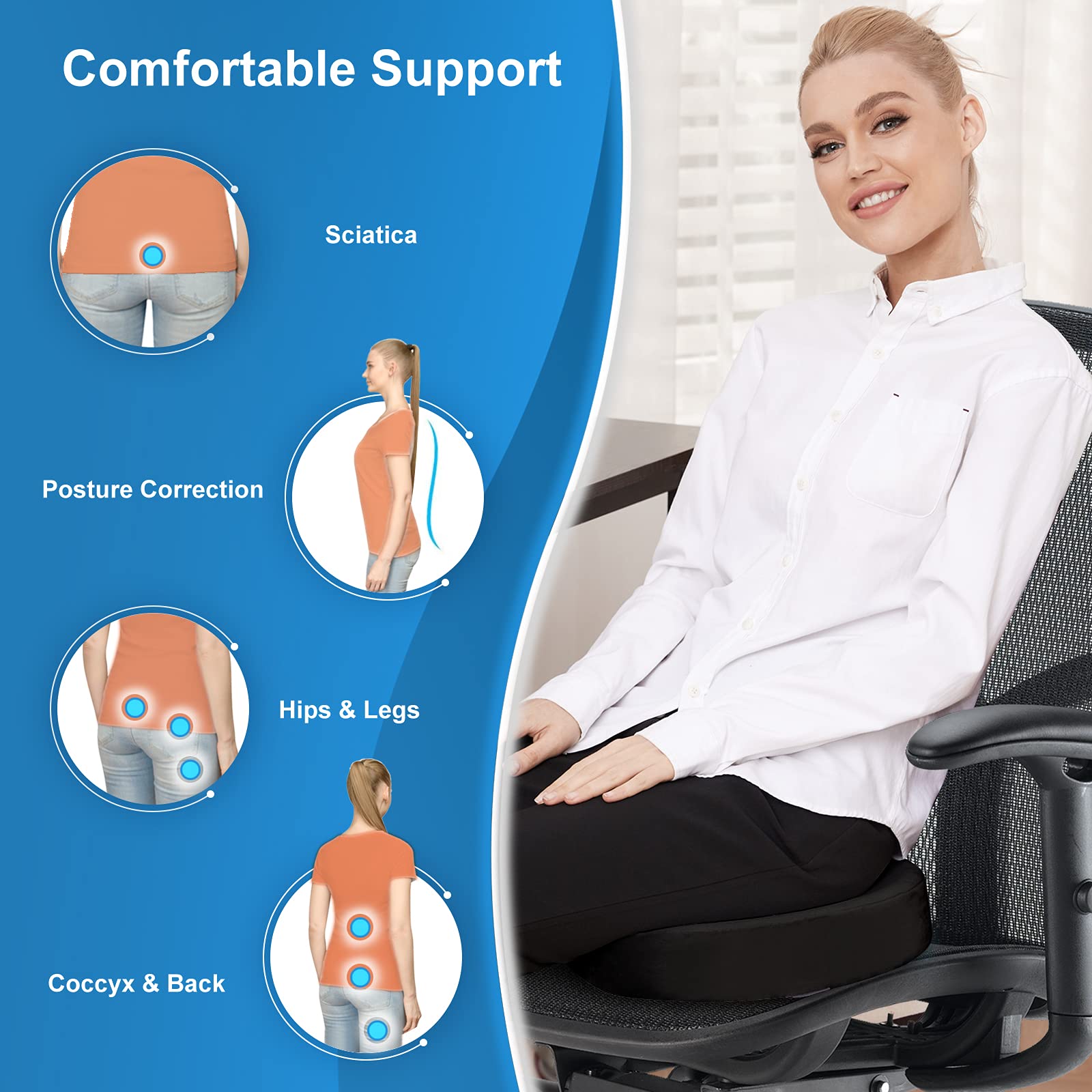 Bomdaia Seat Cushion for Office Chair, Desk Chair Car Seat Cushion for Tailbone Pain, Memory Foam Coccyx Seat Cushion for Sciatica, Back Pain Relief (Black)