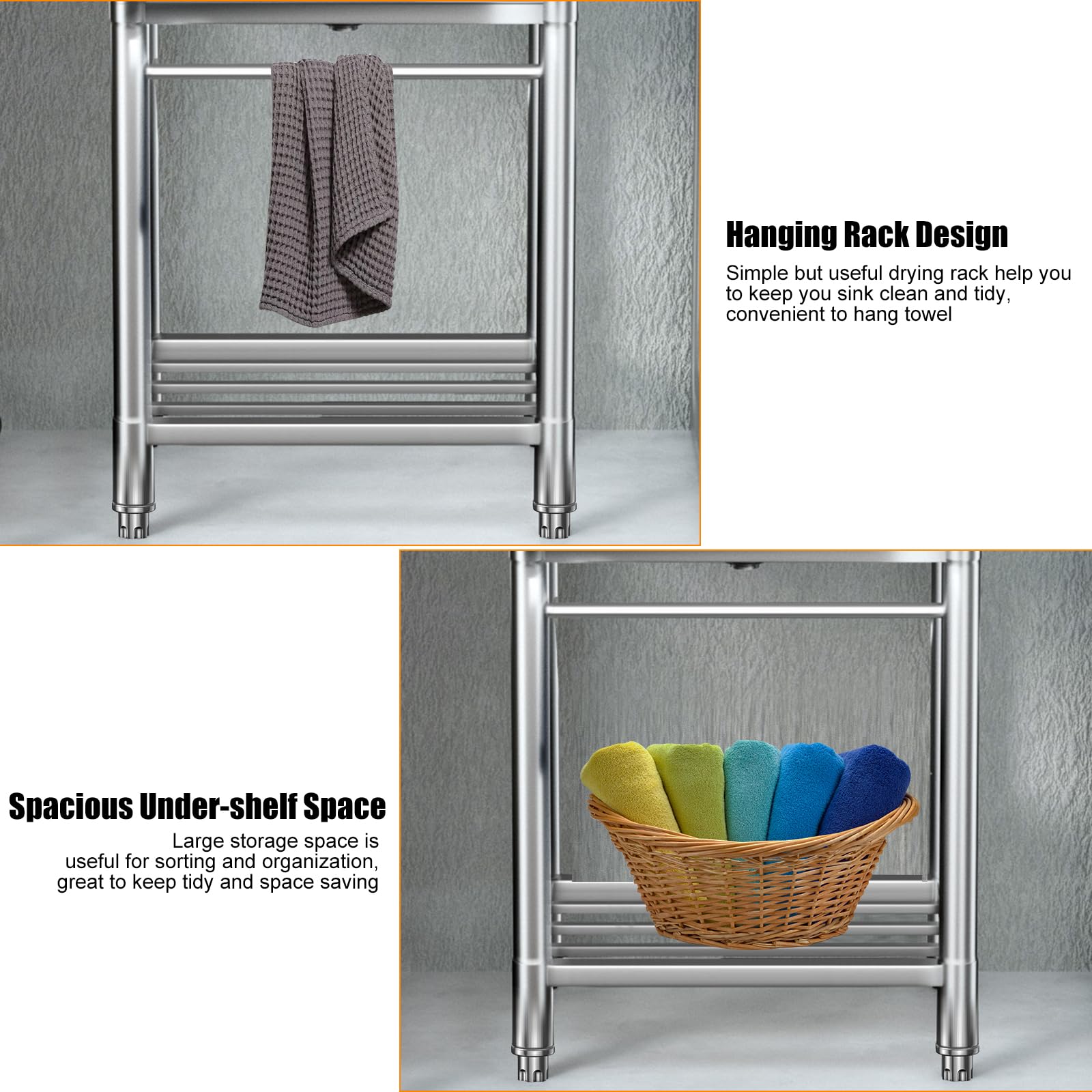 Utility Sink, Stainless Steel Sink, Single Bowl Freestanding Sink Kitchen Sinks with Hot & Cold Hoses Outdoor Sink for Laundry Garden Garage Commercial Restaurant