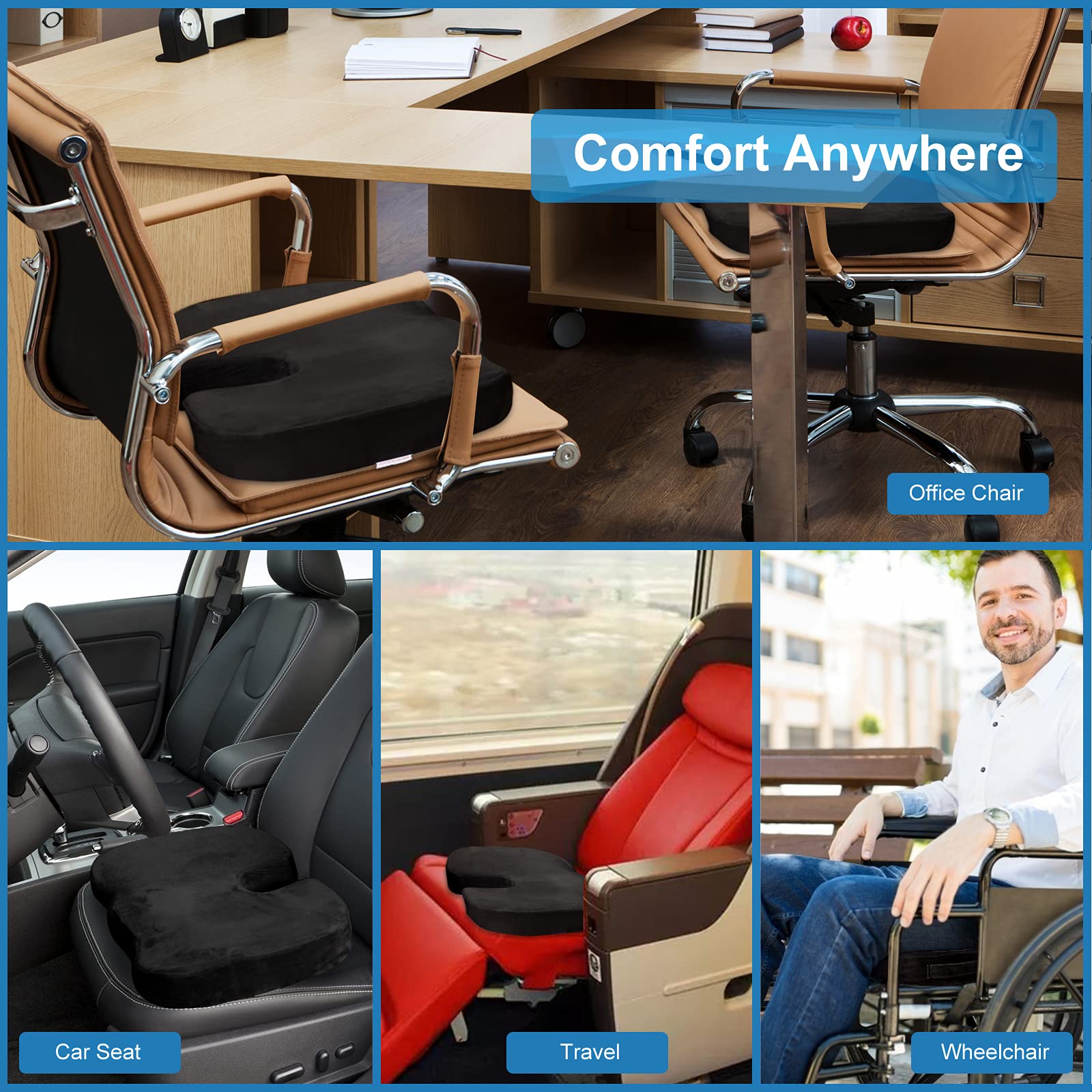 Bomdaia Seat Cushion for Office Chair, Desk Chair Car Seat Cushion for Tailbone Pain, Memory Foam Coccyx Seat Cushion for Sciatica, Back Pain Relief (Black)