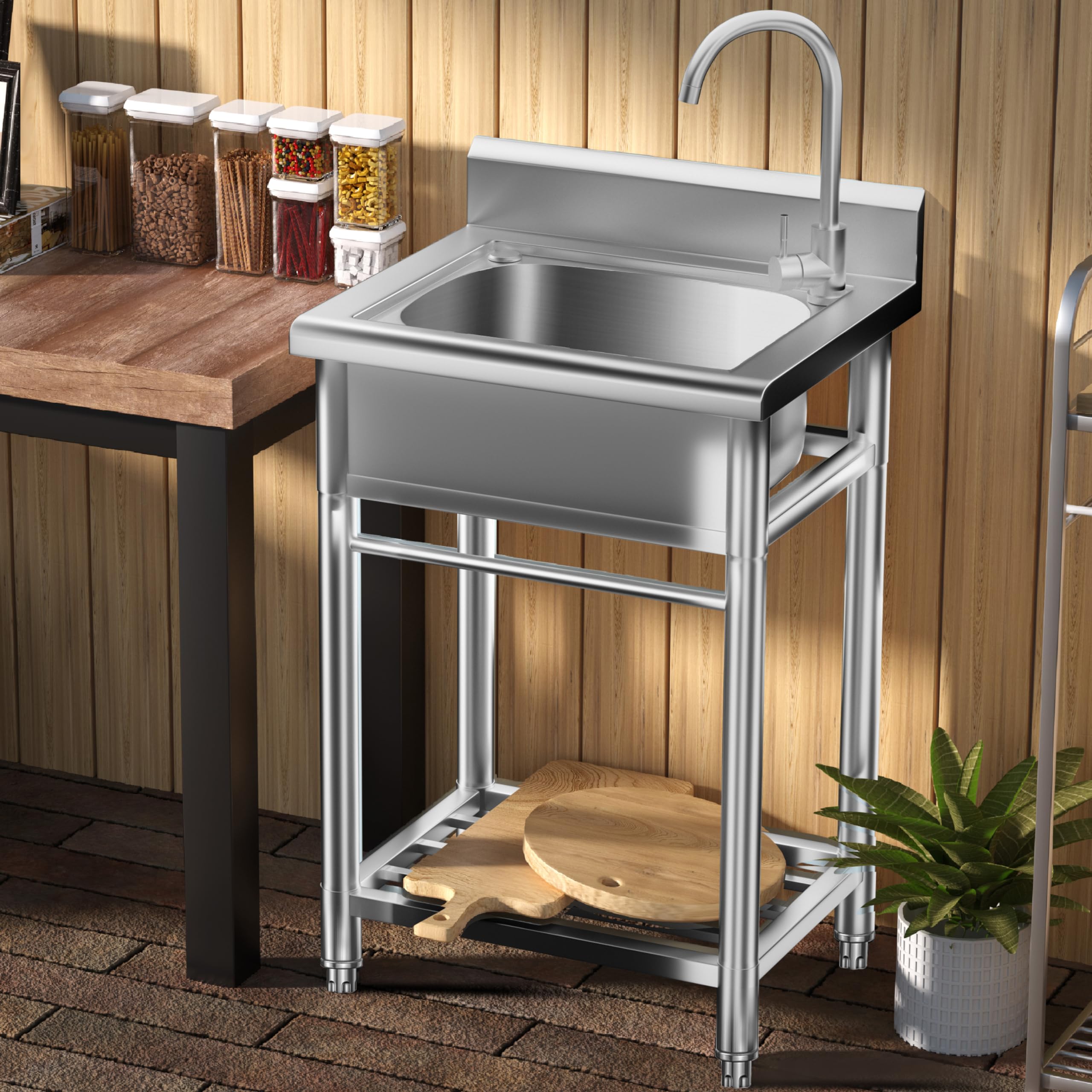 Utility Sink, Stainless Steel Sink, Single Bowl Freestanding Sink Kitchen Sinks with Hot & Cold Hoses Outdoor Sink for Laundry Garden Garage Commercial Restaurant