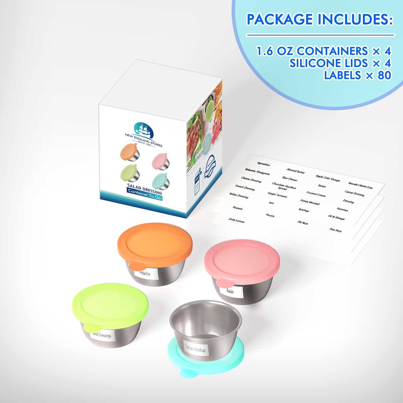 New England Stories Salad Dressing Container To Go, 4 Pack - 1.6 oz Small Containers with Lids for Dip Sauce, Reusable Condiment Cups for Lunch Box