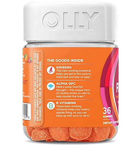 Olly Laser Focus Gummy 18 Day Supply Gummies Ginseng Alpha GPC B Vitamins Chewable Supplement, Berry Tangy Tangerine, 36 Count