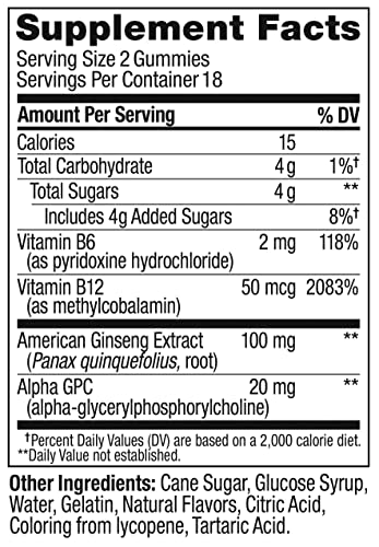 Olly Laser Focus Gummy 18 Day Supply Gummies Ginseng Alpha GPC B Vitamins Chewable Supplement, Berry Tangy Tangerine, 36 Count