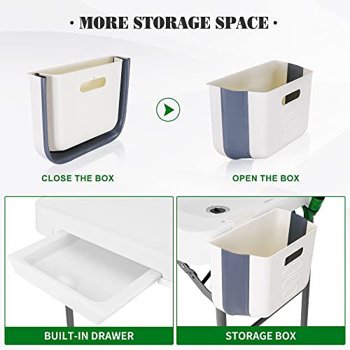 Allpop Folding Fish Cleaning Table with 2 Sinks, 42.5’’ Portable Camping Fish Fillet Station with Faucet, Spray Nozzle, Drain Hose, Storage Box, Built-in Drawer& Knife Groove for Picnic, White