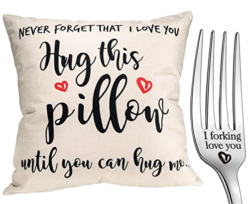 Boyfriend Gifts Long Distance, Boyfriend Gifts from Girlfriend, Boyfriend Gifts for Birthday, Hug This Pillow Until You Can Hug Me, 18x18 inch Pillow Cover + Fork Gift Set,