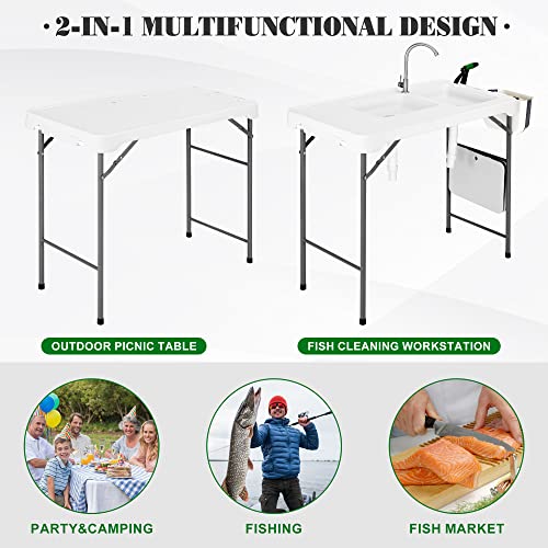 Allpop Folding Fish Cleaning Table with 2 Sinks, 42.5’’ Portable Camping Fish Fillet Station with Faucet, Spray Nozzle, Drain Hose, Storage Box, Built-in Drawer& Knife Groove for Picnic, White