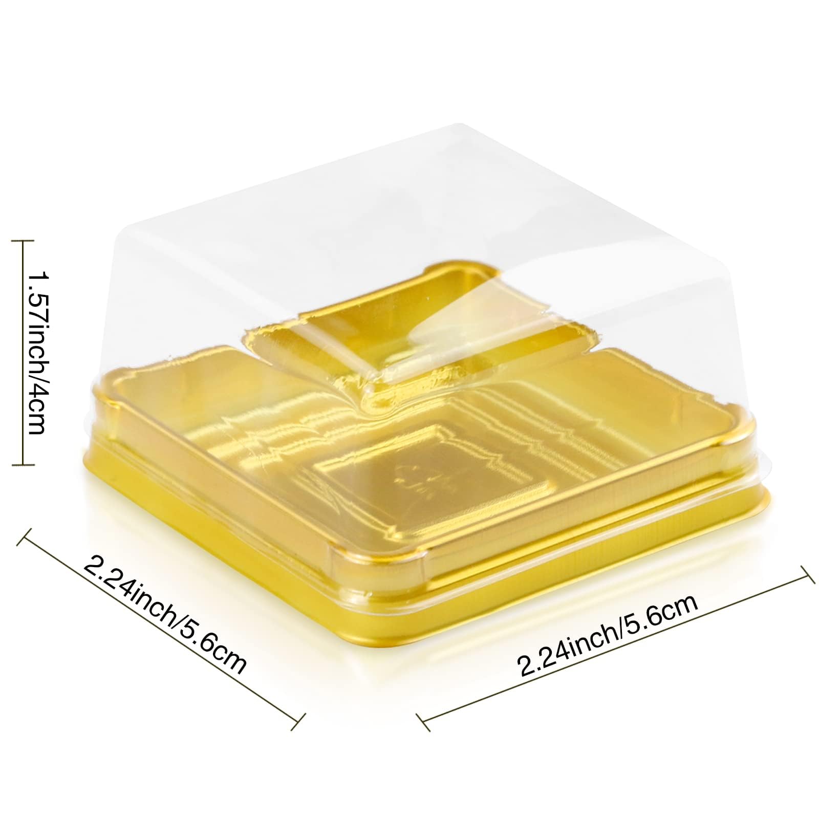 Pralb 100 Set Clear Plastic Mini Cupcake Boxes Muffin Pod Dome Muffin Single Container Box Wedding Birthday Gifts Supplies for Cheese Pastry Dessert Mooncake (square, gold)