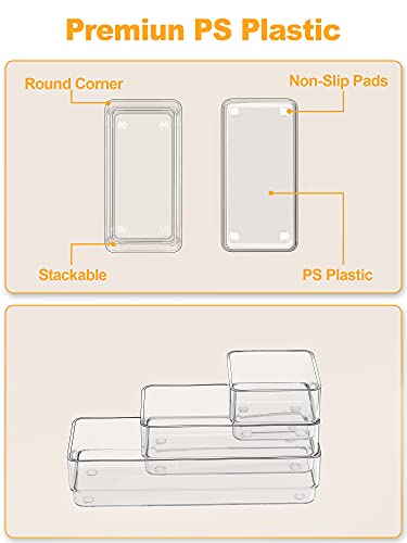 SMARTAKE 29-Piece Drawer Organizer with Non-Slip Silicone Pads, 4-Size Desk Drawer Organizer Trays Storage Tray for Makeup, Jewelries, Utensils in Bedroom Dresser, Office and Kitchen (Clear)