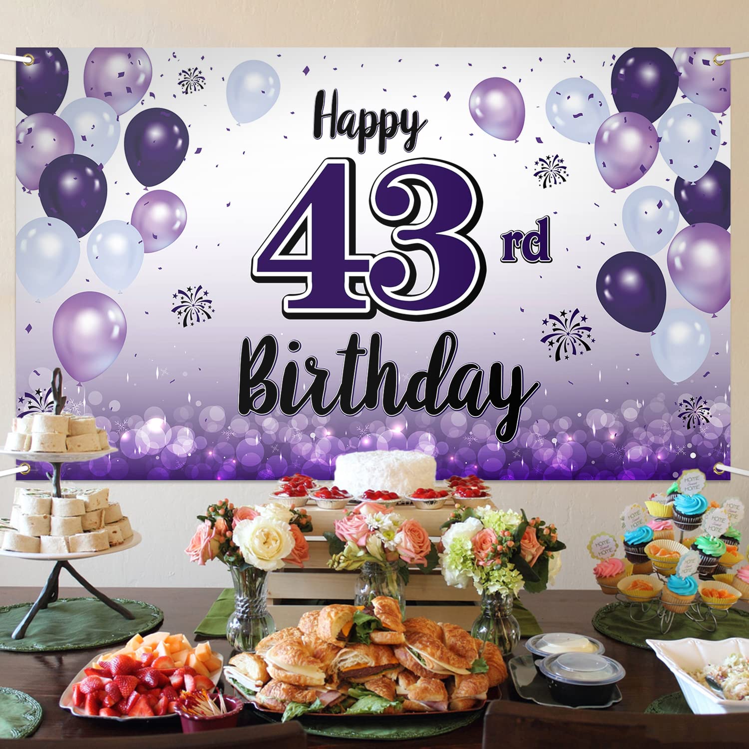 LASKYER Happy 43rd Birthday Purple Large Banner - Cheers to 43 Years Old Birthday Home Wall Photoprop Backdrop,43rd Birthday Party Decorations.