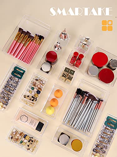 SMARTAKE 29-Piece Drawer Organizer with Non-Slip Silicone Pads, 4-Size Desk Drawer Organizer Trays Storage Tray for Makeup, Jewelries, Utensils in Bedroom Dresser, Office and Kitchen (Clear)