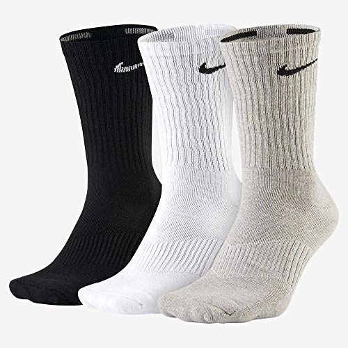 NIKE Performance Cushion Crew Training Socks (3 Pair), Grey/Black/White, Large