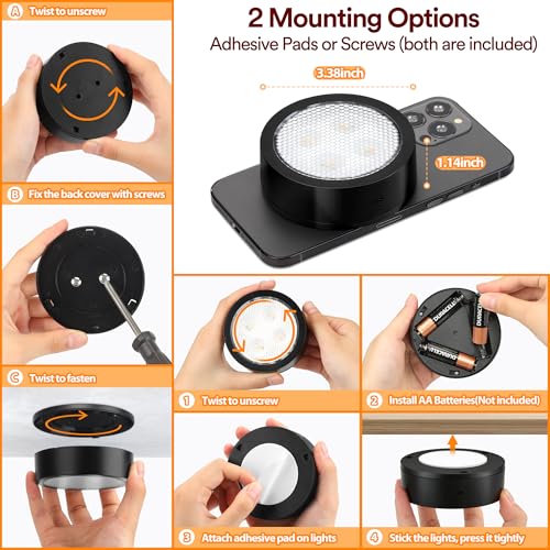 TECOMLIGHT LED Puck Lights with Remote & Timer, Battery Operated Wireless Under Cabinet Lights, Stick on Tap Light, RGB & Warm White Under Counter Light for Kitchen, Closets, Shelf, 5 Pack - Black