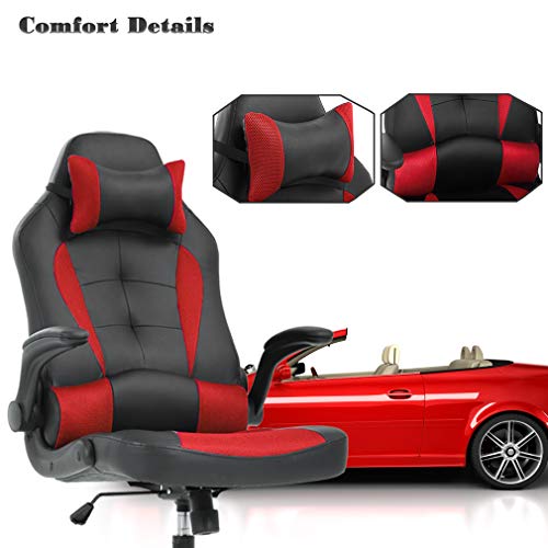 BestOffice PC Gaming Chair Ergonomic Office Chair Desk Chair with Lumbar Support Flip Up Arms Headrest PU Leather Executive High Back Computer Chair for Adults Women Men (Red)