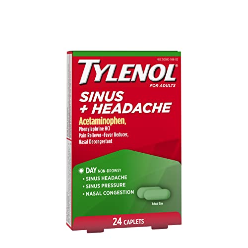 Tylenol Sinus + Headache Daytime Non-Drowsy Relief Caplets, Acetaminophen 325mg, Nasal Decongestant for Sinus Pressure, Headache & Nasal Congestion Relief, 24 ct