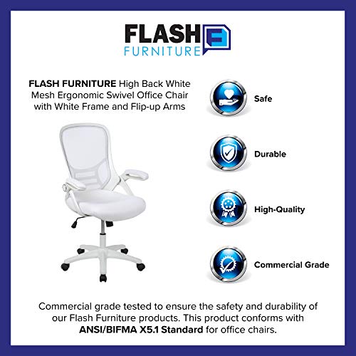 Flash Furniture High Back White Mesh Ergonomic Swivel Office Chair with White Frame and Flip-up Arms 26.5D x 26.5W x 44H in