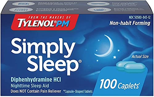 Tylenol Simply Sleep Nighttime Sleep Aid Caplets with 25 mg of Diphenhydramine HCl, Non-Habit Forming Sleep Aid for Adults, 100 ct
