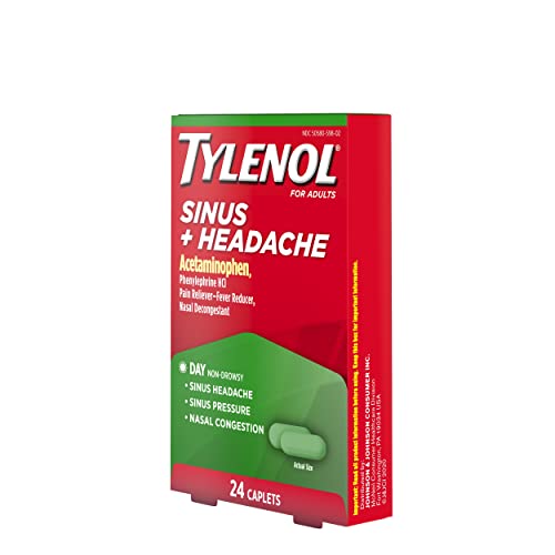 Tylenol Sinus + Headache Daytime Non-Drowsy Relief Caplets, Acetaminophen 325mg, Nasal Decongestant for Sinus Pressure, Headache & Nasal Congestion Relief, 24 ct