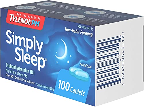 Tylenol Simply Sleep Nighttime Sleep Aid Caplets with 25 mg of Diphenhydramine HCl, Non-Habit Forming Sleep Aid for Adults, 100 ct