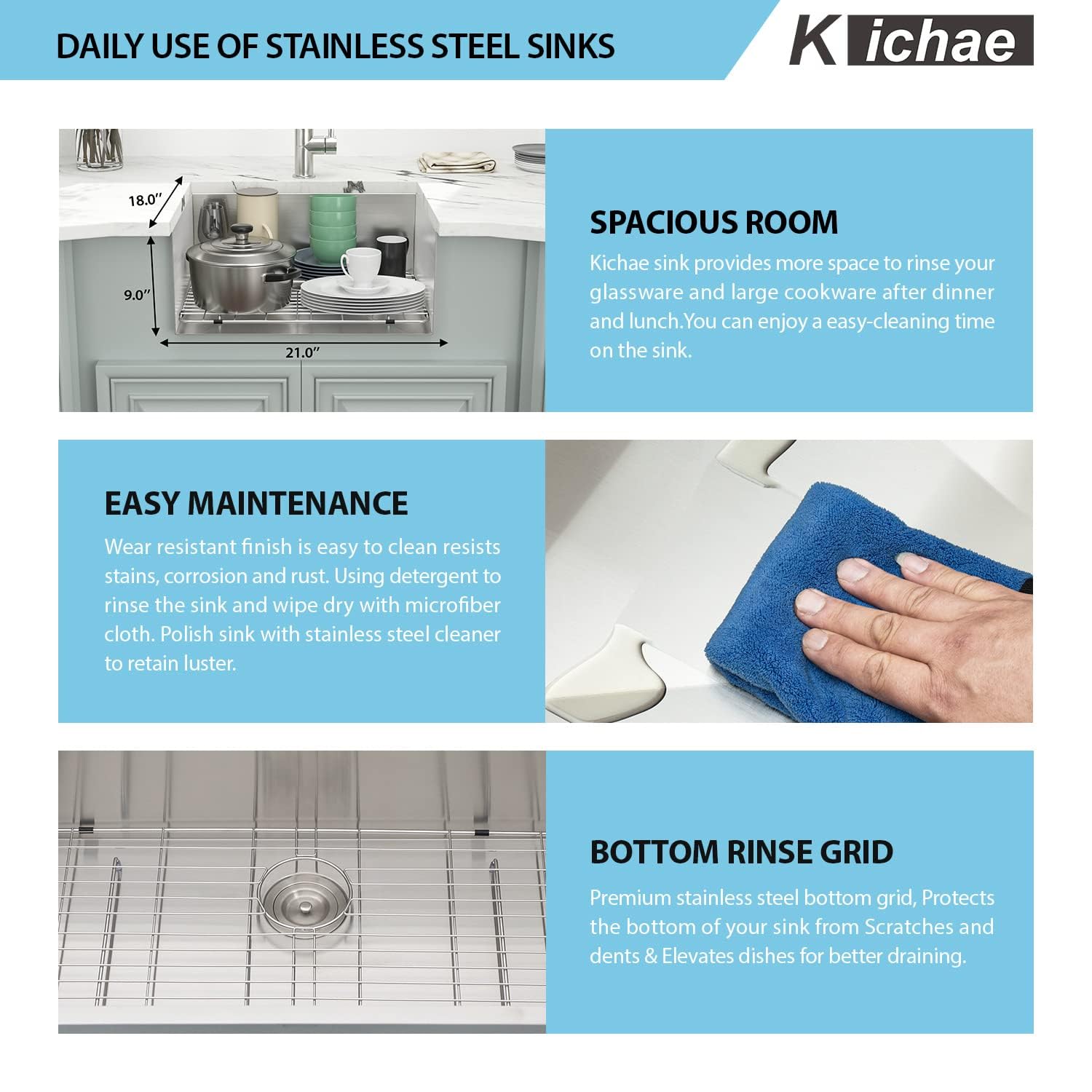 Kichae 21 Inch Kitchen Bar Sink Undermount Single Bowl Stainless Steel 16 Gauge Handmade Modern Under Counter Handmade Wet Bar RV Kitchen Sink with Drain Strainer