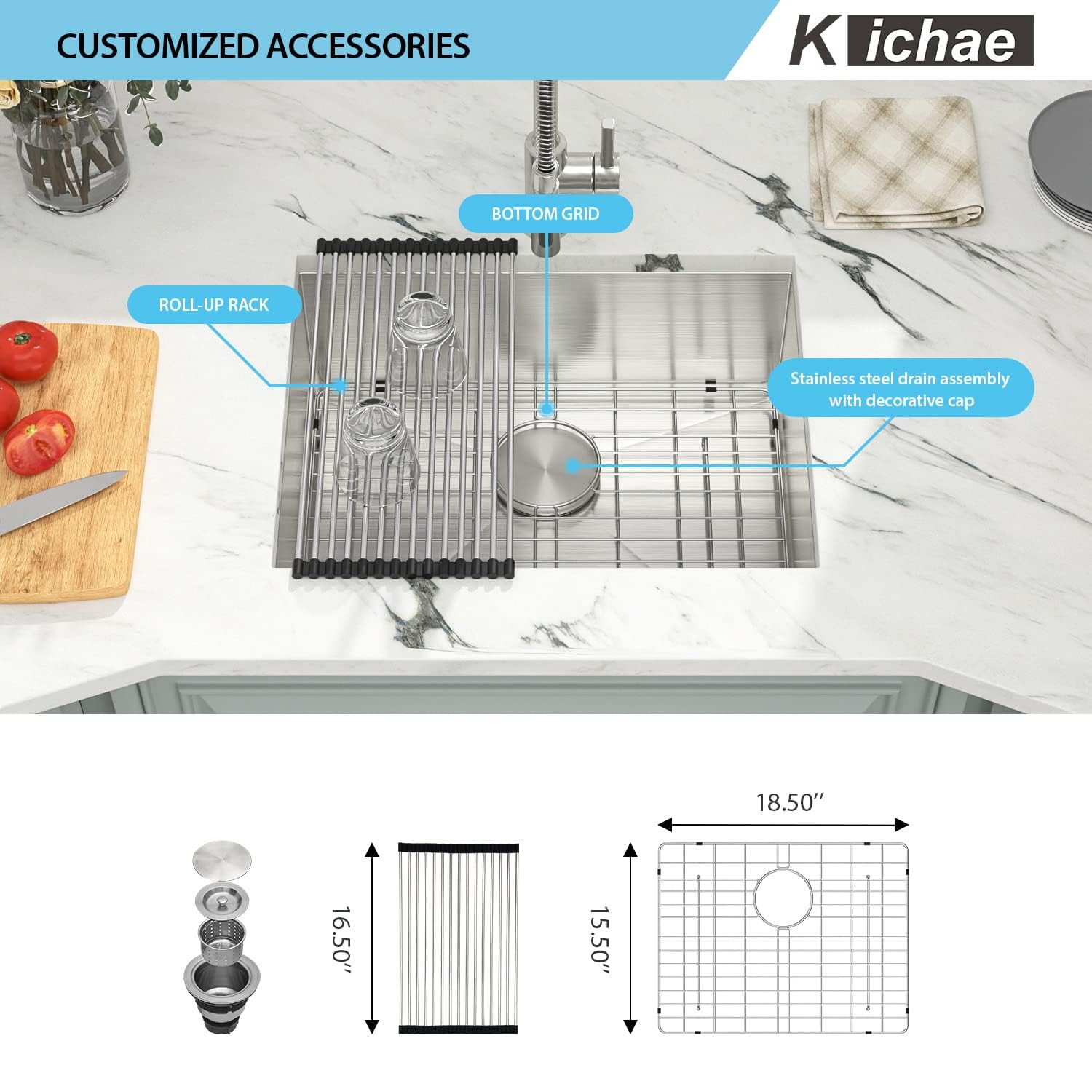 Kichae 21 Inch Kitchen Bar Sink Undermount Single Bowl Stainless Steel 16 Gauge Handmade Modern Under Counter Handmade Wet Bar RV Kitchen Sink with Drain Strainer