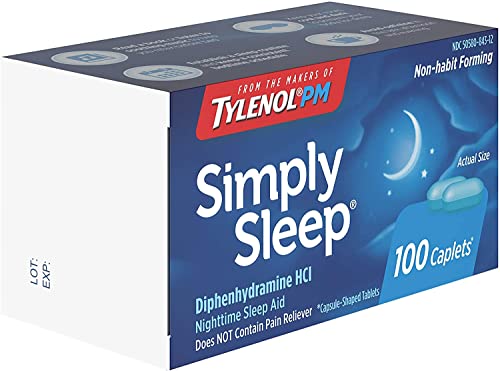 Tylenol Simply Sleep Nighttime Sleep Aid Caplets with 25 mg of Diphenhydramine HCl, Non-Habit Forming Sleep Aid for Adults, 100 ct