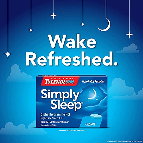 Tylenol Simply Sleep Nighttime Sleep Aid Caplets with 25 mg of Diphenhydramine HCl, Non-Habit Forming Sleep Aid for Adults, 100 ct