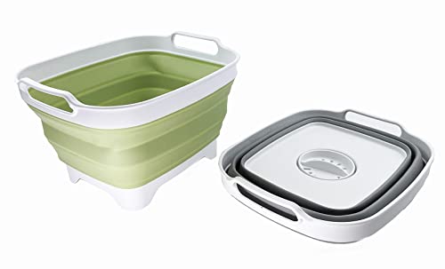 SAMMART 7.5L (2 gallons) Collapsible Plastic Dishpan with Draining Plug - Portable Washing Basin - Foldable Washing Tub - Pop Up Saving (Grey + Olive Green (Set of 2))