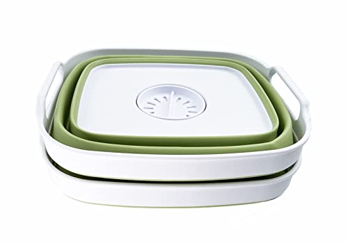 SAMMART 7.5L (2 gallons) Collapsible Plastic Dishpan with Draining Plug - Portable Washing Basin - Foldable Washing Tub - Pop Up Saving (Grey + Olive Green (Set of 2))