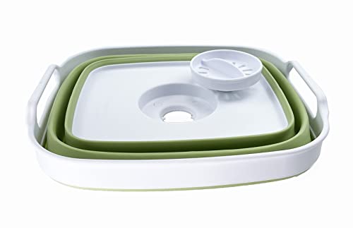 SAMMART 7.5L (2 gallons) Collapsible Plastic Dishpan with Draining Plug - Portable Washing Basin - Foldable Washing Tub - Pop Up Saving (Grey + Olive Green (Set of 2))