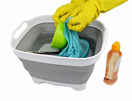 SAMMART 7.5L (2 gallons) Collapsible Plastic Dishpan with Draining Plug - Portable Washing Basin - Foldable Washing Tub - Pop Up Saving (Grey + Olive Green (Set of 2))