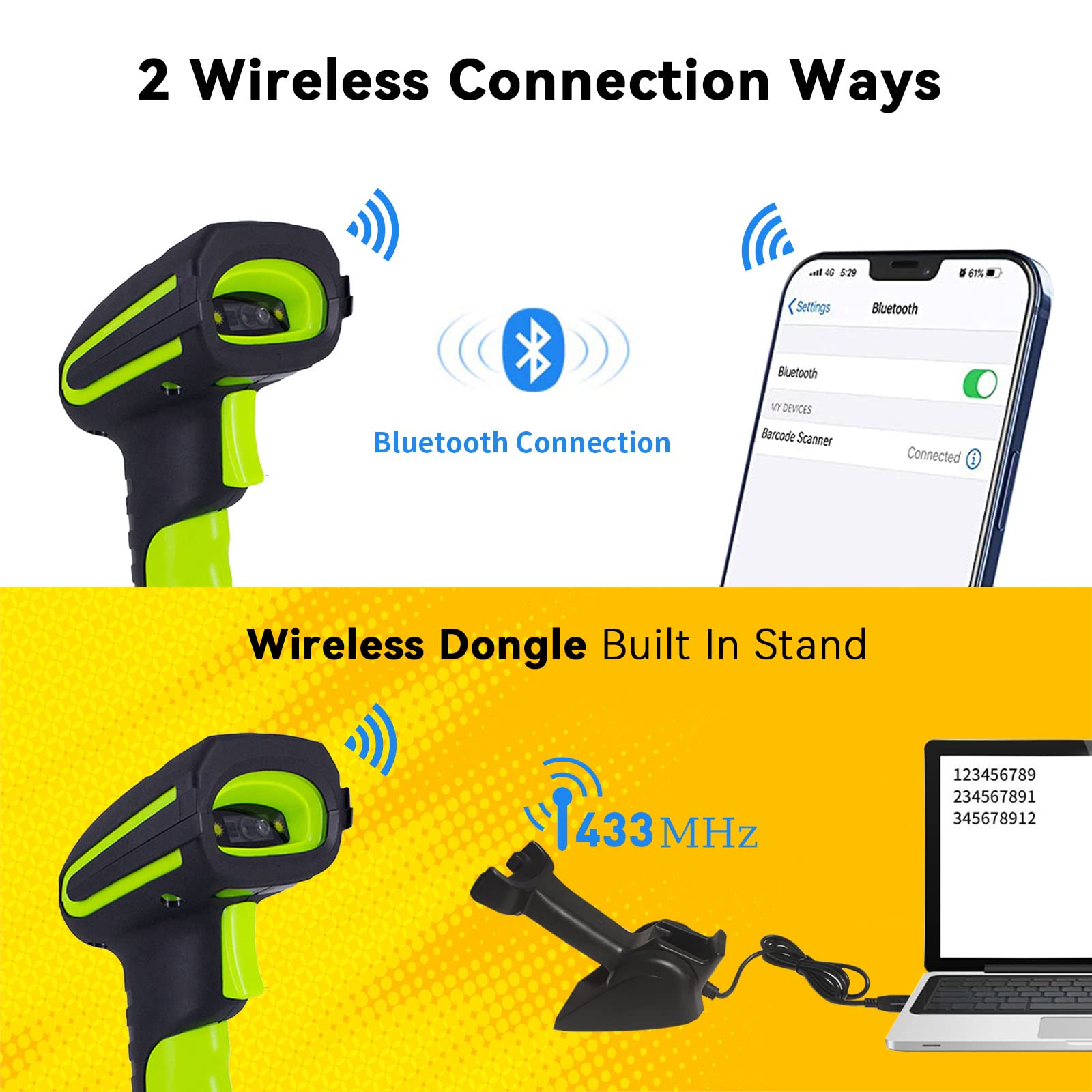 Alacrity Upgraded QR 2D Industrial Barcode Scanner, Wireless Charging Cradle, 1968 ft Long Transmission Distance, Bluetooth & 433Mhz Wireless 2in1 Barcode Reader, Dust Shock Proof Hands Free
