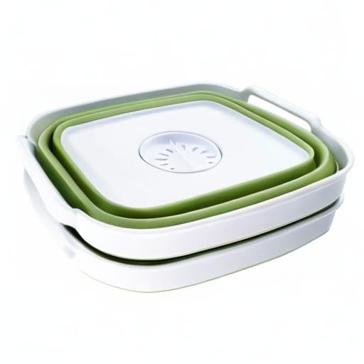 SAMMART 7.5L (2 gallons) Collapsible Plastic Dishpan with Draining Plug - Portable Washing Basin - Foldable Washing Tub - Pop Up Saving (Grey + Olive Green (Set of 2))