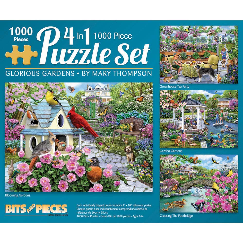 Bits and Pieces – 4-in-1 Multi-Pack 1000 Piece Jigsaw Puzzles for Adults – Glorious Gardens by Artist Mary Thompson, Completed Puzzle Size: 20" x 27"