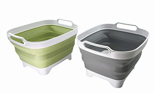 SAMMART 7.5L (2 gallons) Collapsible Plastic Dishpan with Draining Plug - Portable Washing Basin - Foldable Washing Tub - Pop Up Saving (Grey + Olive Green (Set of 2))