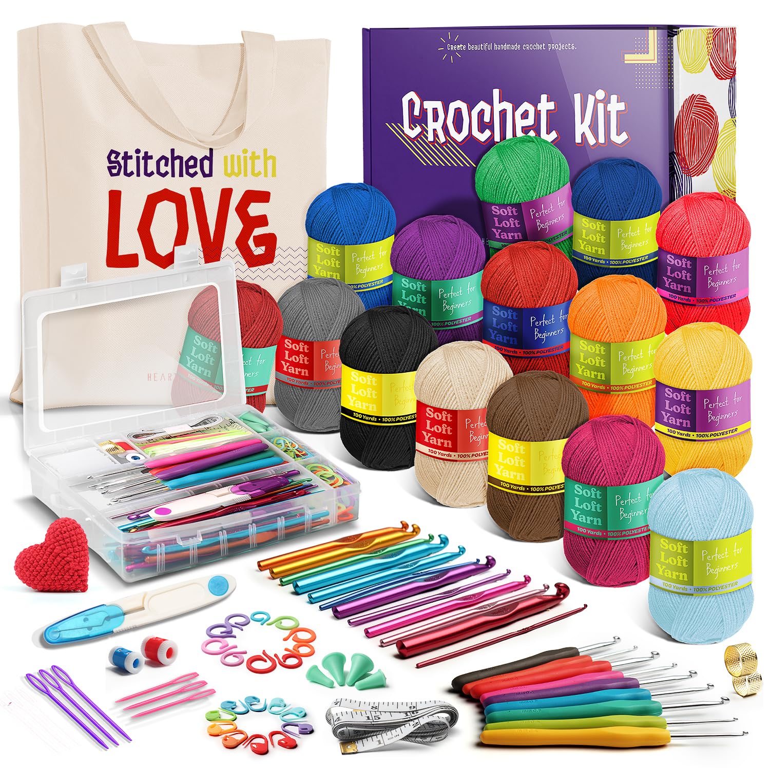 73 Piece Crochet Kit with Crochet Hooks Yarn Set - Premium Bundle Includes Yarn Balls, Needles, Accessories Kit, Canvas Tote Bag and Lot More - Starter Pack for Kids Adults – Beginner, Professionals.