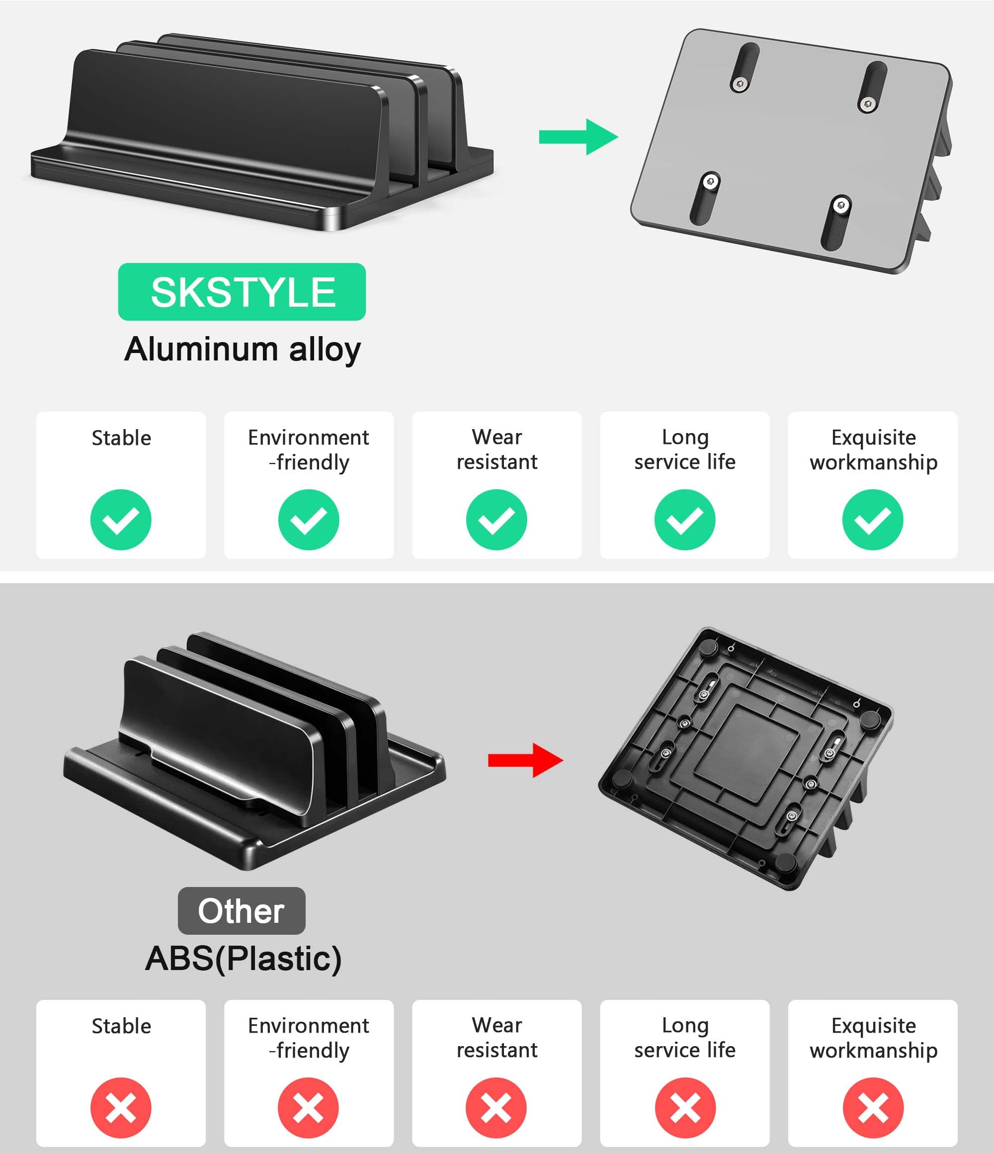 S SKSTYLE Vertical Laptop Stand Holder, Desktop Aluminum MacBook Stand with Adjustable Dock Size(2 Slots), Fits All MacBook, Surface, Chromebook and Gaming Laptops (Up to 17.3 inches), Black