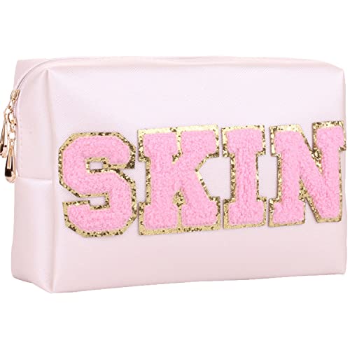 CRUOXIBB Preppy Patch Cosmetic Toiletry Bag for Women SKIN Letters PU Leather Portable Makeup Bag Zipper Pouch Storage Purse Waterproof Organizer for Travel (Shell Gold)