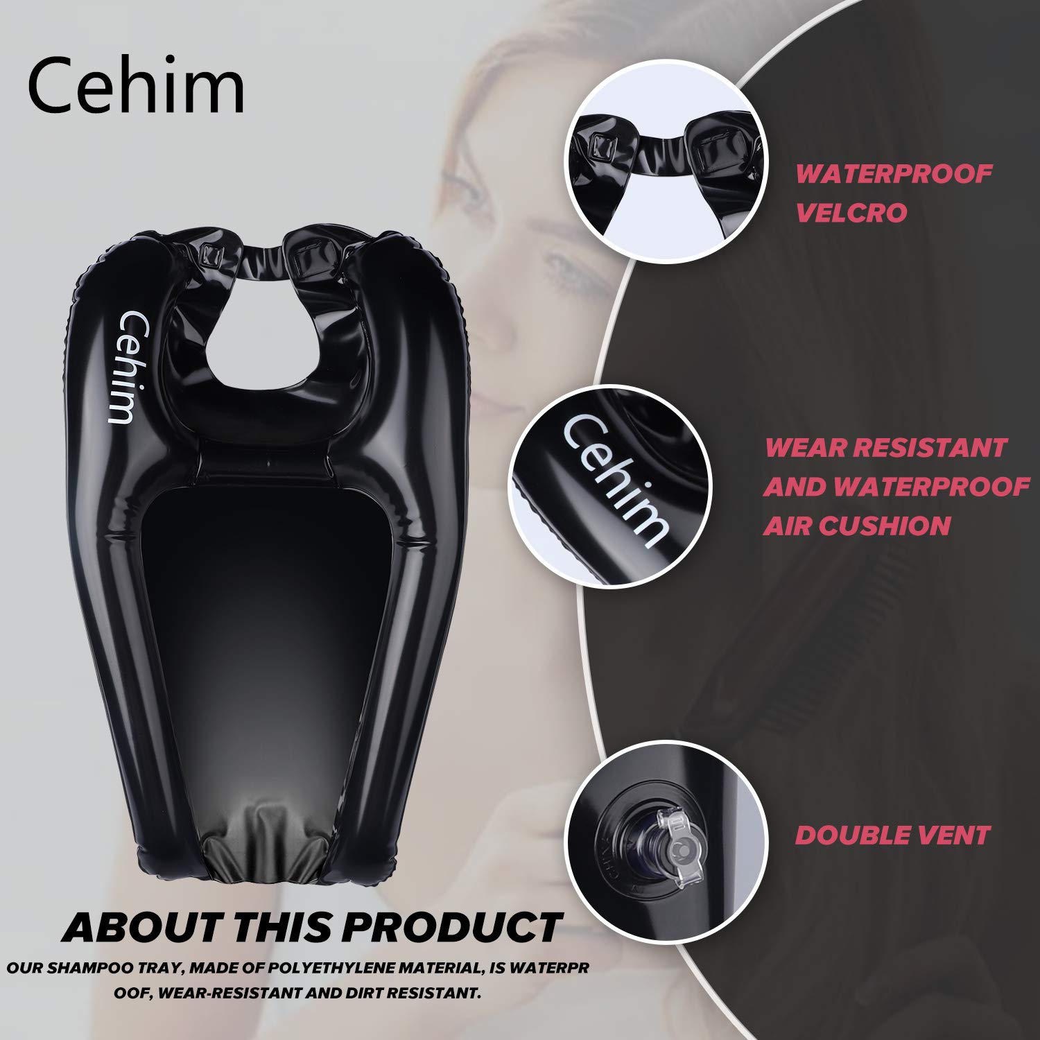 Cehim Inflatable Shampoo Basin - Portable Shampoo Bowl, Hair Washing Basin for Bedridden, Disabled,Injured, Hair Wash Tub for Dreadlocks and at Home Sink Washing (Black, Medium)