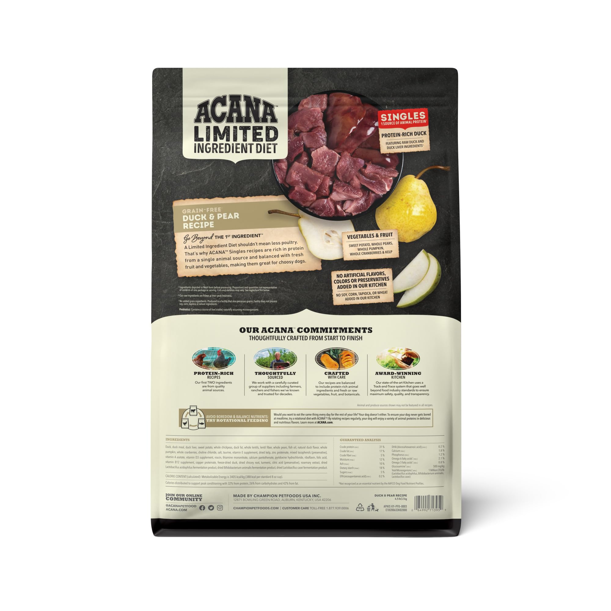 ACANA Singles Limited Ingredient Dry Dog Food, Duck & Pear Recipe, Single Protein Source Dog Food Kibble, 4.5lb