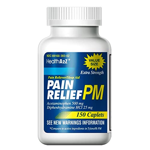 HealthA2ZĀ® Extra Strength Pain Relief PM | 150 Caplets | Acetaminophen 500mg | Diphenhydramine 25mg | Pain Reliever & Nighttime Sleep Aid | Non-Habit Forming | Compare to Tylenol PM Active Ingredient