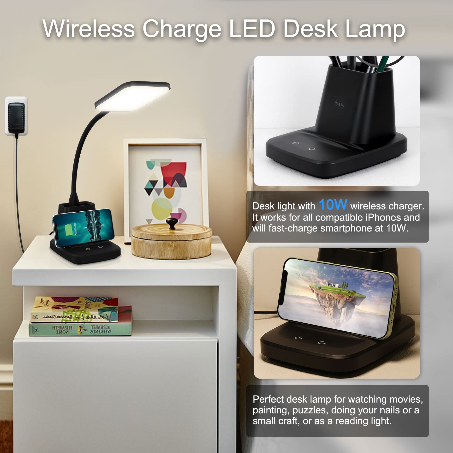 Sailstar LED Desk Lamp with Wireless Charger, Black Desks Lamp for Home Office, 3 Color Modes, Stepless Dimming, CRI 85, 800 Lumen, Study Lamp with Pen Holder for College Dorm Room, Adapter Included