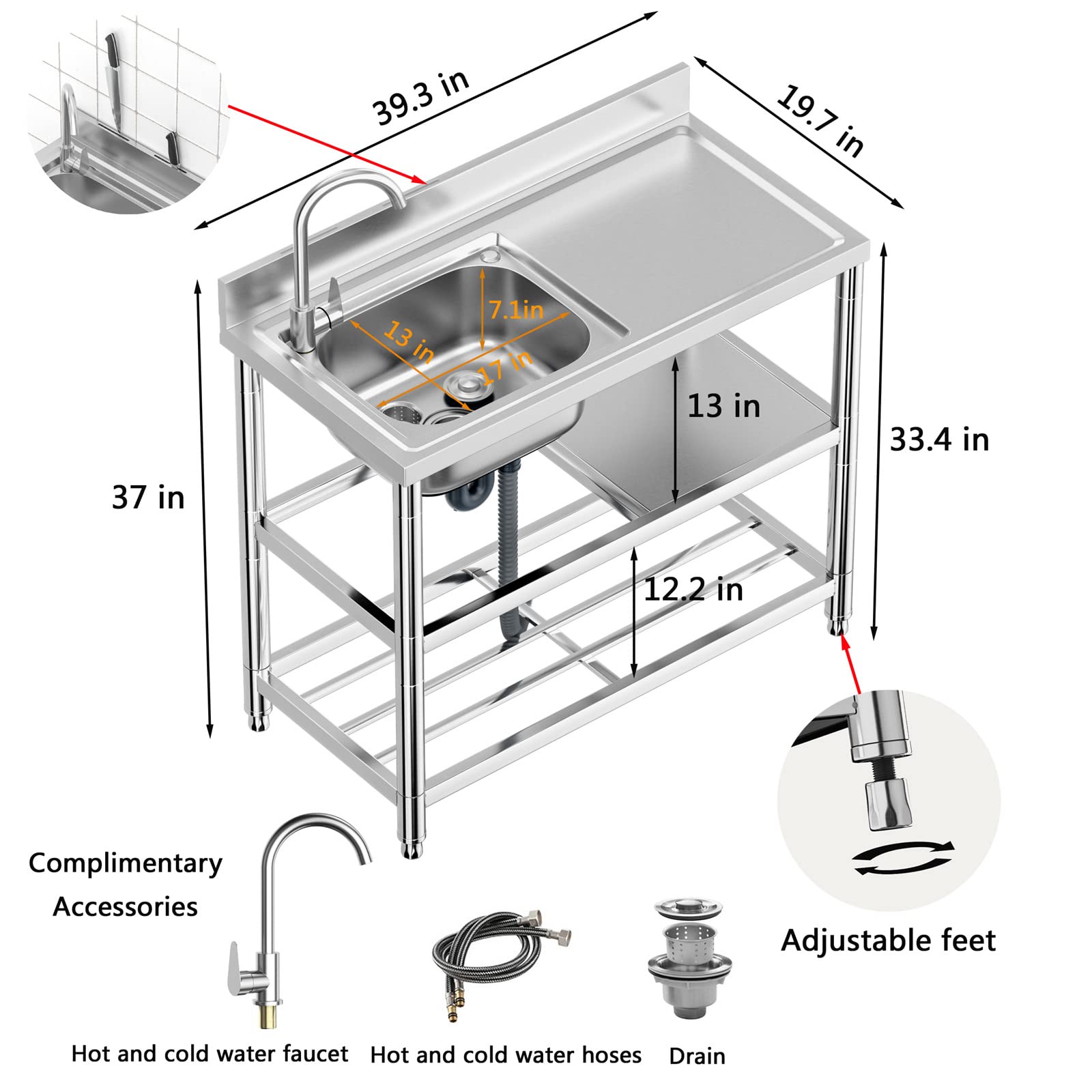 Free Standing Stainless-Steel Single Bowl Commercial Restaurant Kitchen Sink Set w/Faucet & Drainboard, Prep & Utility Washing Hand Basin w/Workbench & Double Storage Shelves Indoor Outdoor (39.5in)