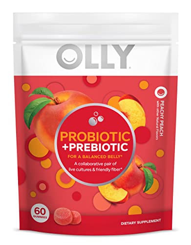 OLLY Probiotic + Prebiotic Gummy, Digestive Support and Gut Health, 500 Million CFUs, Fiber, Adult Chewable Supplement, Peach, 60 Day Supply - 60 Count Pouch